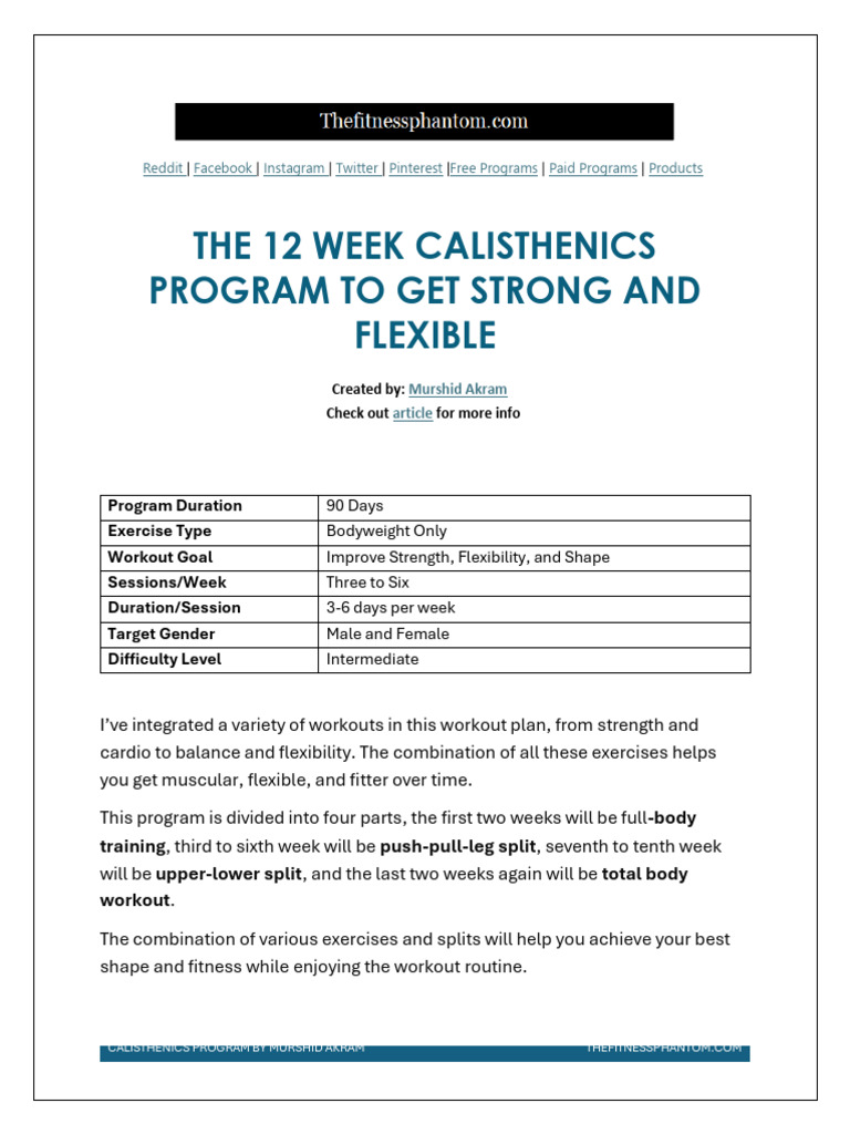 12-Week Intermediate Calisthenics Plan | PDF | Strength Training ...
