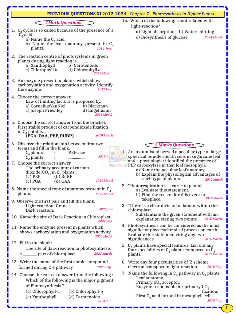 Chapter 7 Photosynthesis in Higher Plants With Key | PDF ...