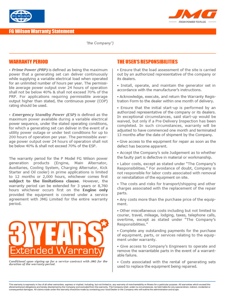 FG Wilson Warranty Overview | PDF | Implied Warranty | Fuel Injection