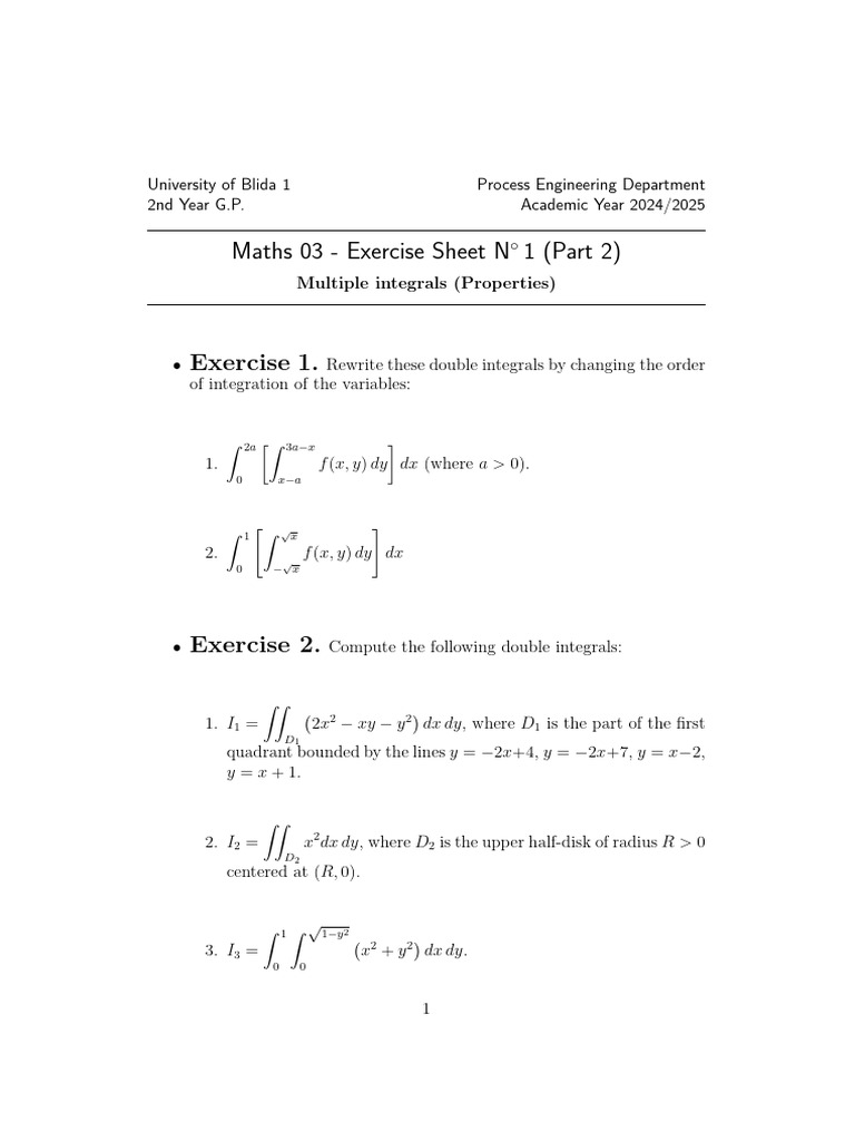 Double Integrals Exercise Sheet 1 | PDF