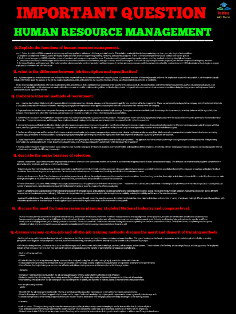 Hrm Important Questions [b.com][ Eng] | PDF