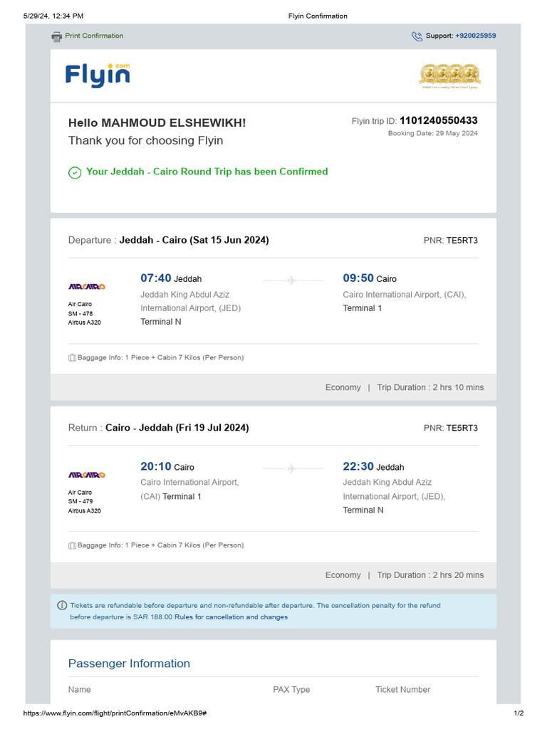 Flyin Confirmation Mahmoud Elshewikh | PDF | Aviation | Transport