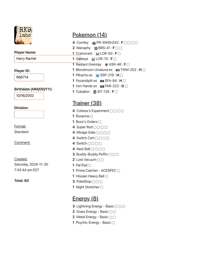 Player Deck List - RK9 | PDF
