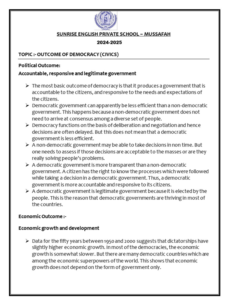 Outcome of Democracy - Notes | PDF | Democracy | Political Ideologies