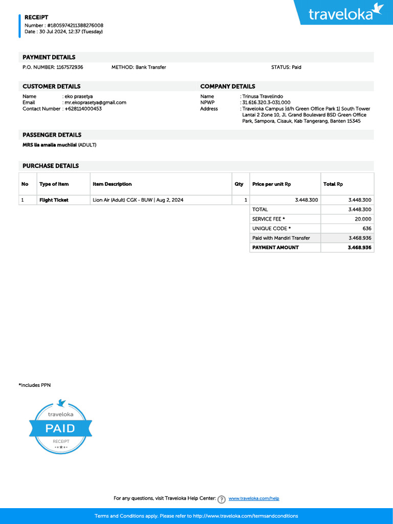 Traveloka Flight Ticket Receipt | PDF