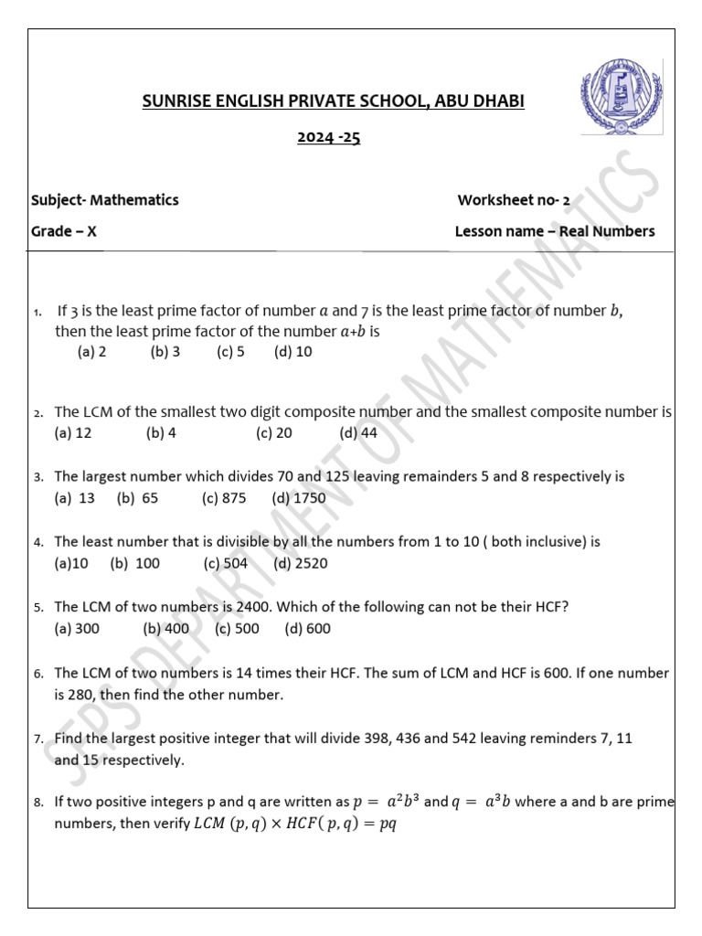 Grade 10 - Real Numbers - Worksheet - 24-25 | PDF