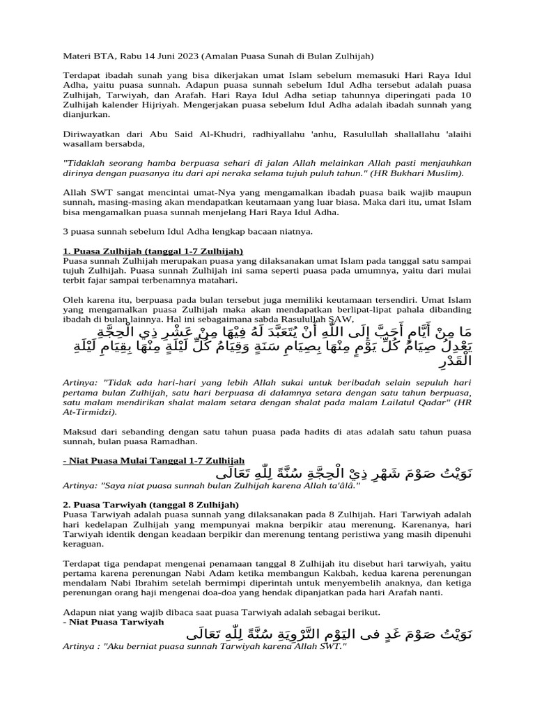 Materi Bta Puasa Tarwiyah Dan Arafah | PDF