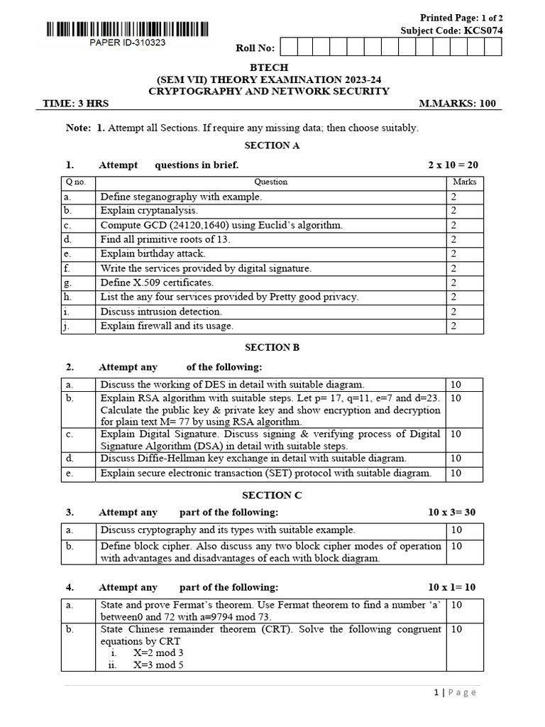 Kcs074 Cryptography And Network Security Pdf Public Key Cryptography Cryptography