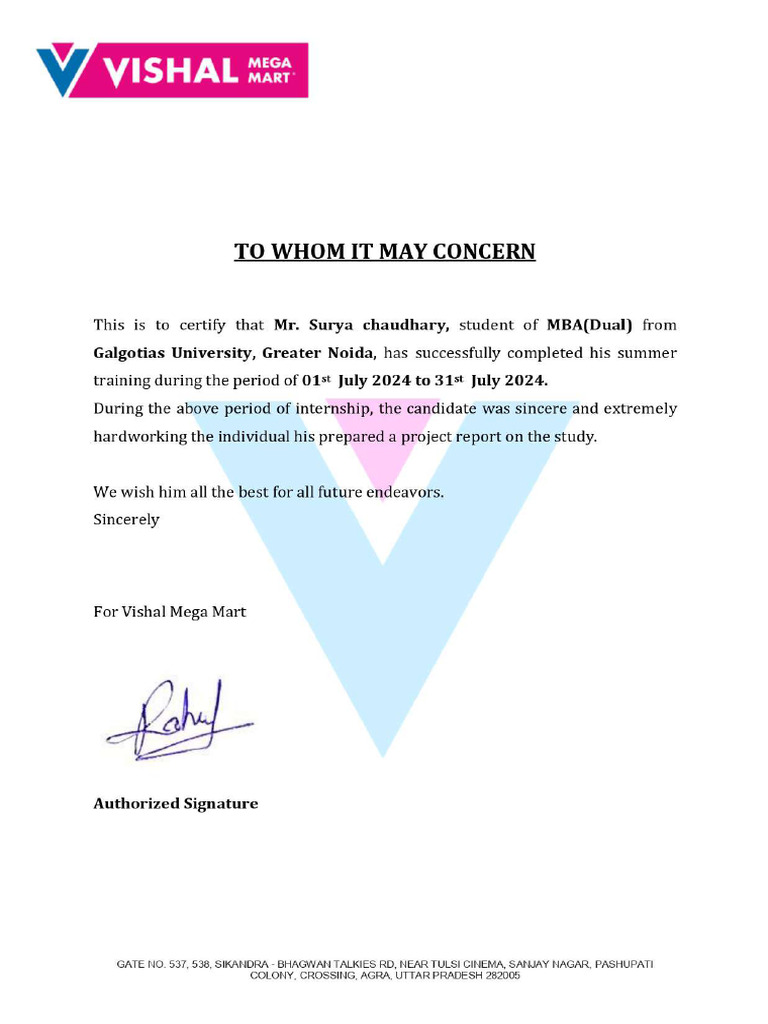 Certificate Vishal Mega Mart - Page-0001 | PDF