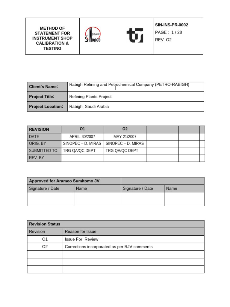 Instrument Calibration Method Statement | PDF | Calibration | Pressure ...