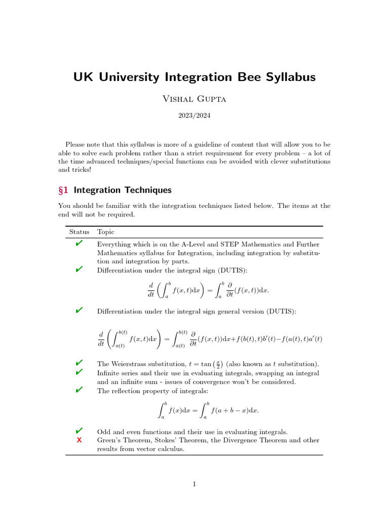 UK University Integration Bee Syllabus | PDF | Mathematical Analysis | Mathematics