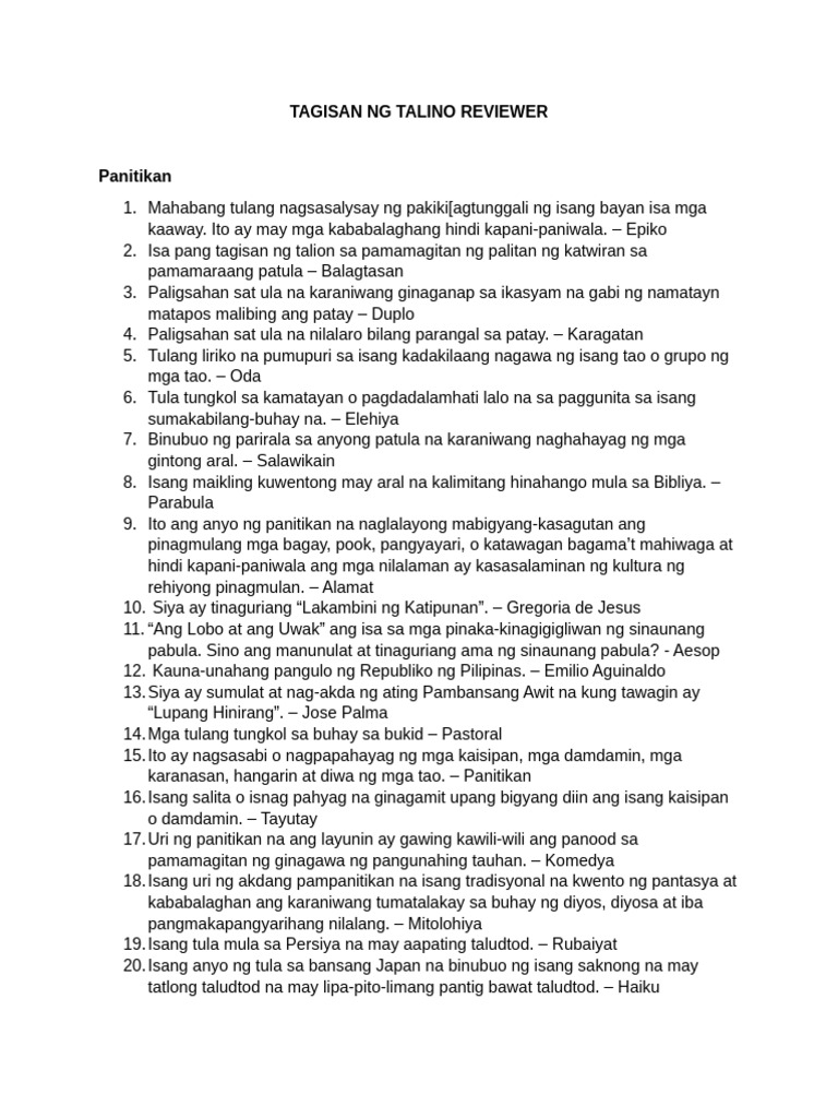 Tagisan NG Talino Reviewer | PDF