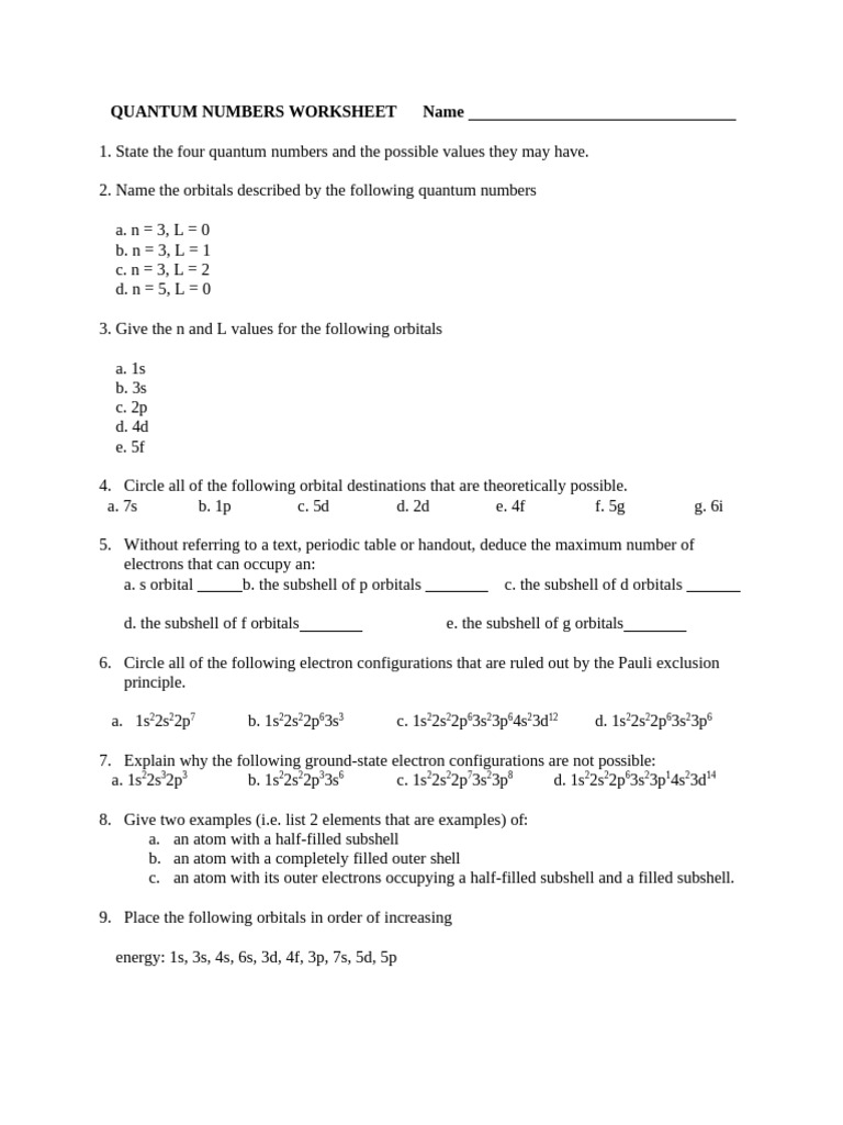 Quantum Numbers Study Guide | PDF | Atomic Orbital | Electron Configuration