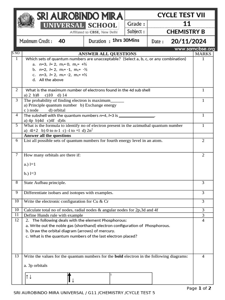 G11-CHEMISTRY QP - ct 1 | PDF | Electron Configuration | Atomic Orbital