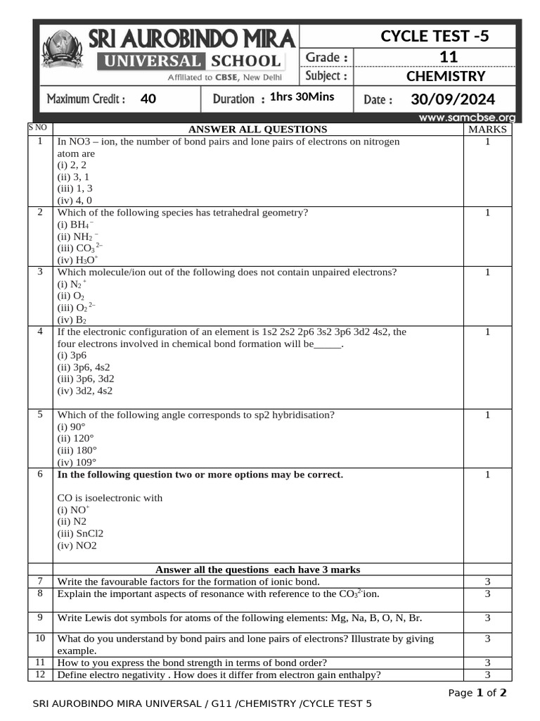 G11-CHEMISTRY QP - CT 5 | PDF