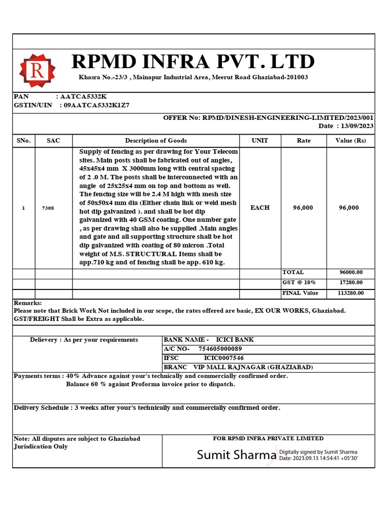 Rpmd Offer- Fancing- Dinesh Engineering Limited (1) | PDF