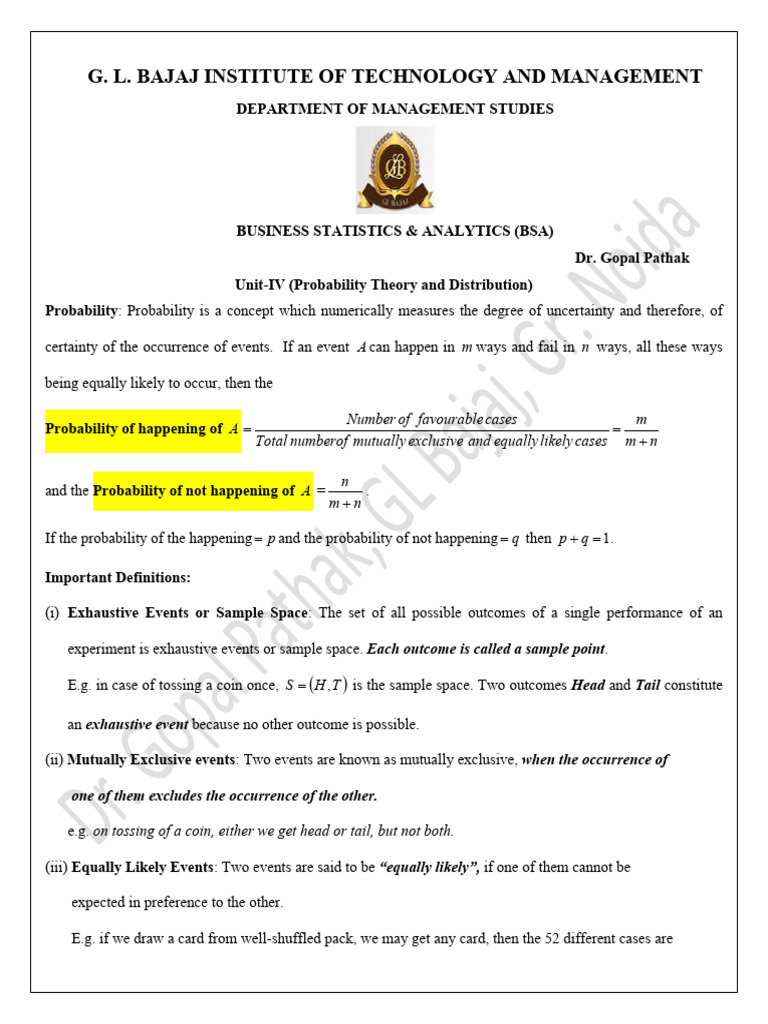 Unit - 4 - Probability Theory and Distribution | PDF | Normal Distribution | Probability ...