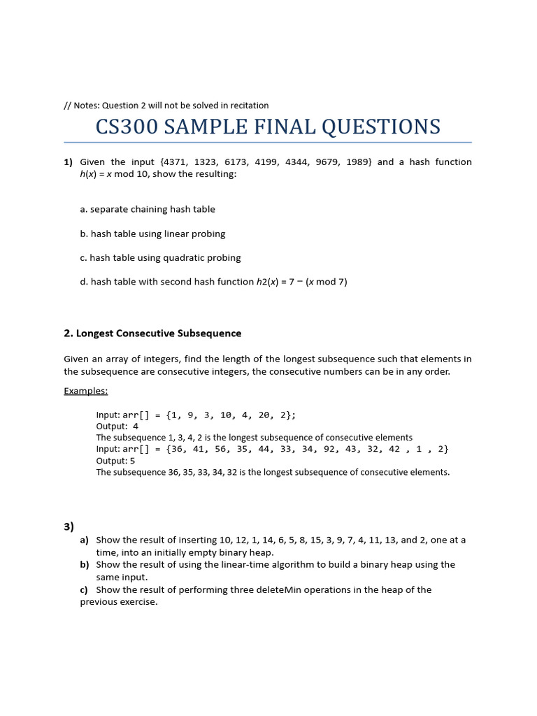 CS300 Sample Final Quest Ons PDF | PDF | Algorithms And Data Structures | Graph Theory