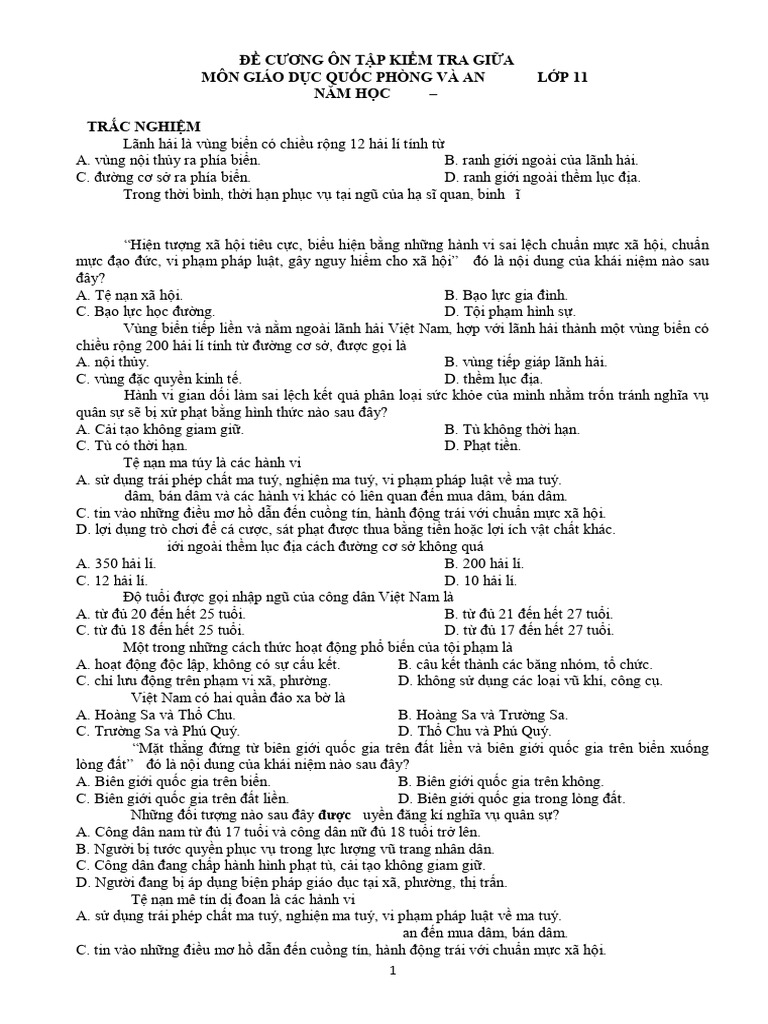 ĐỀ CƯƠNG KTGK I, LỚP 11 | PDF