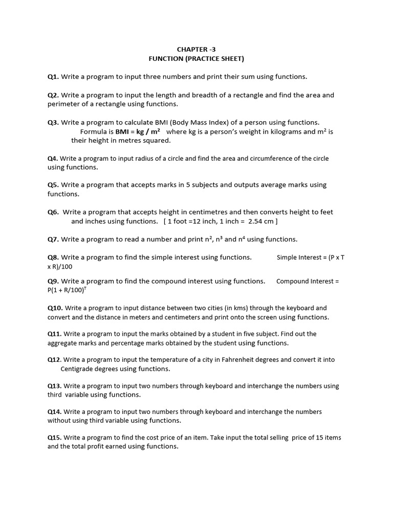 Function Practice Sheet for Programming | PDF