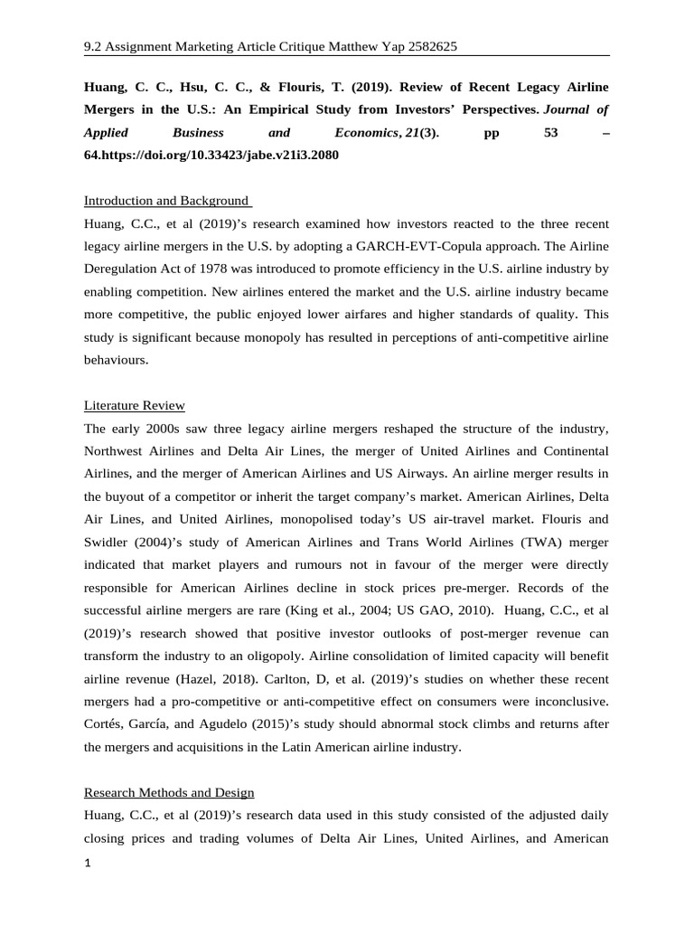 9.2 Assignment Marketing Article Critique Matthew Yap 2582625 | PDF | Airlines | Mergers And ...