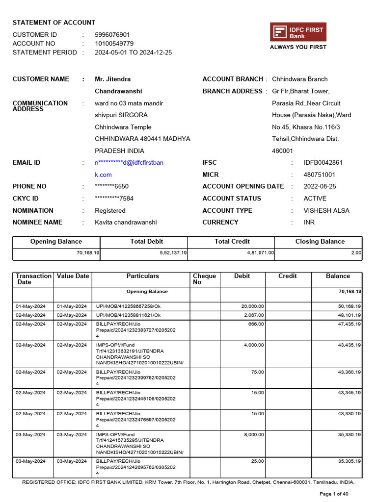 IDFCFIRSTBankstatement | PDF | Debit Card | Credit Card