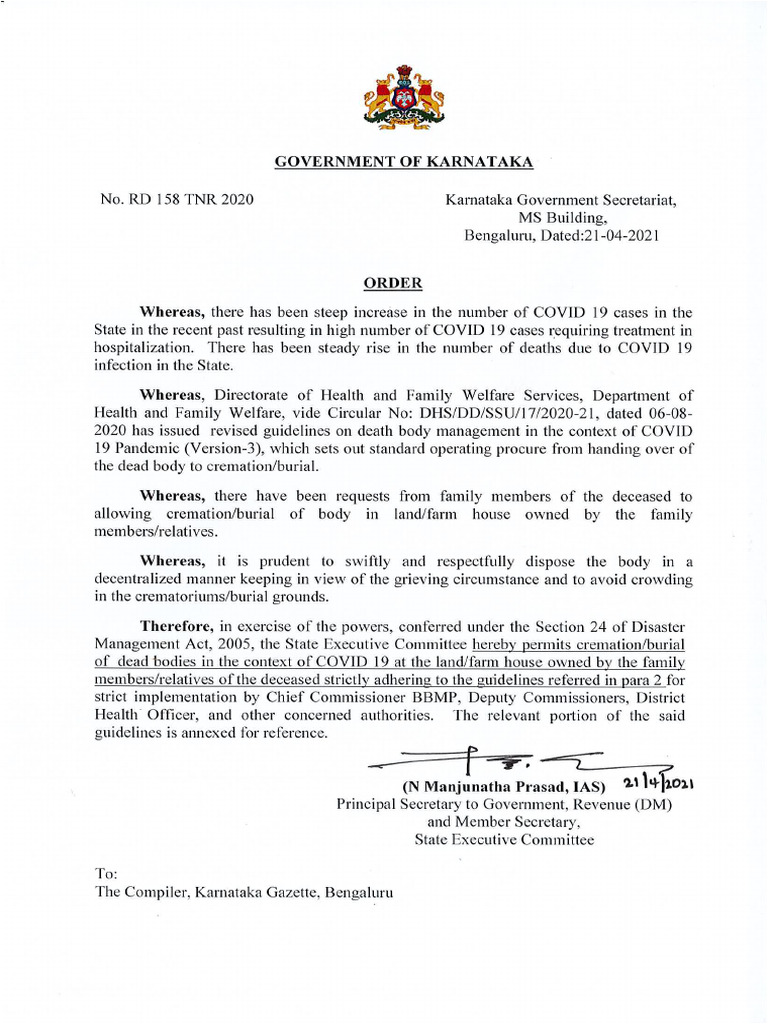 Order - Permission For Cremation-Burrial of Dead Bodies in The Context ...