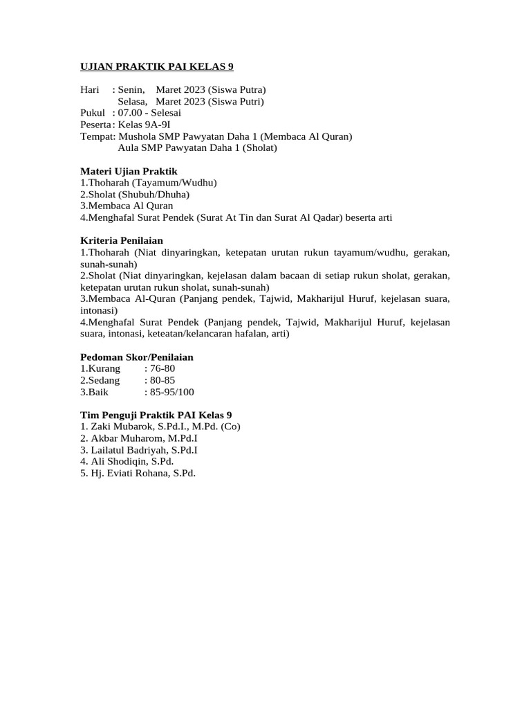 Ujian Praktik Pai Kelas 9 Baru | PDF
