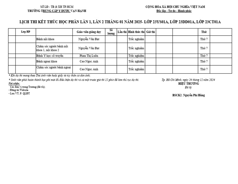 LICH-THI-KET-THUC-HOC-PHAN-THANG-1.25-LOP-23YS01A-23DD01A-23CT01A | PDF