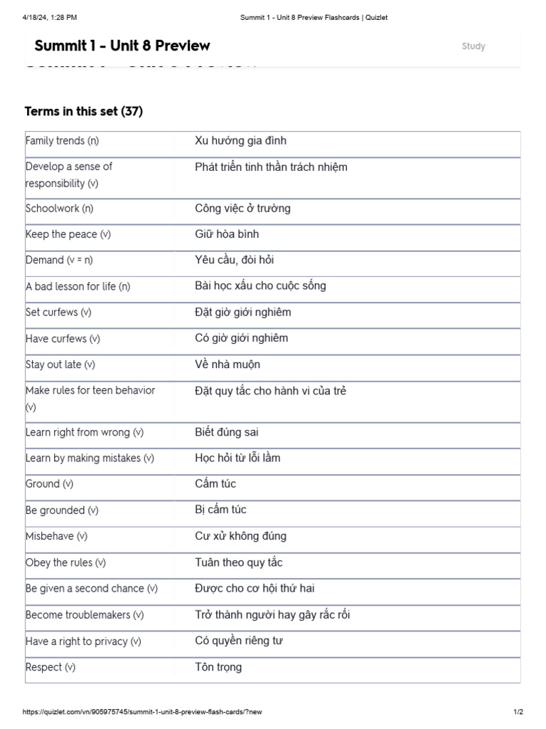 Summit 1 - Unit 8 Vocabulary | PDF