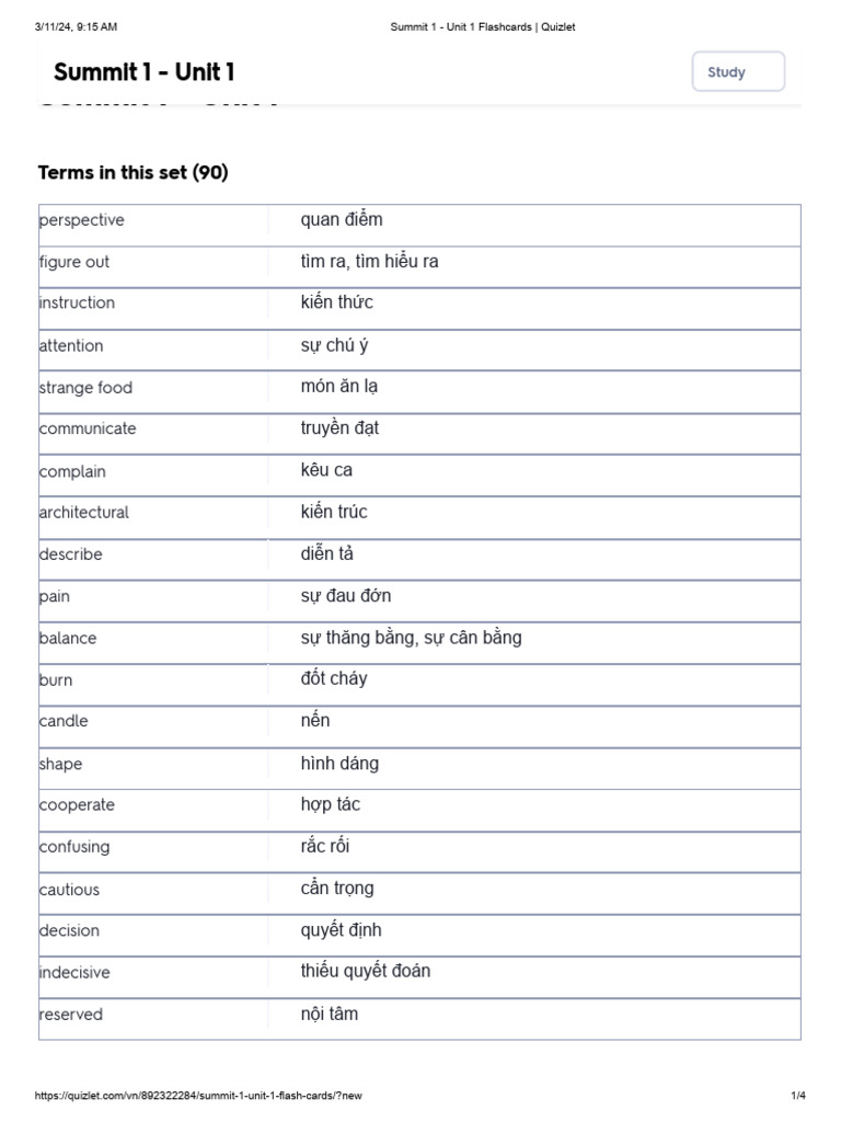 Summit 1 - Unit 1 Vocabulary List | PDF
