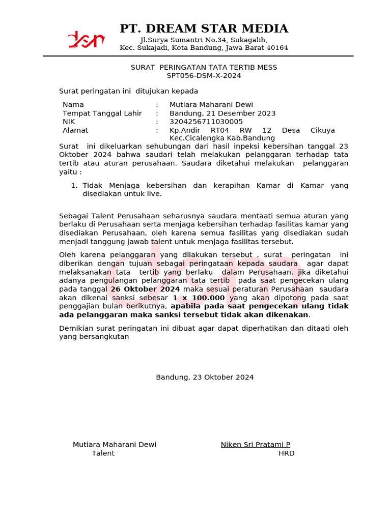 Surat SP KEBERSIHAN Mutiara OKT 23 | PDF