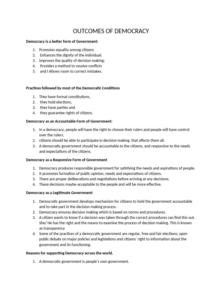 notes - Outcomes of Democracy | PDF | Democracy | Political Ideologies