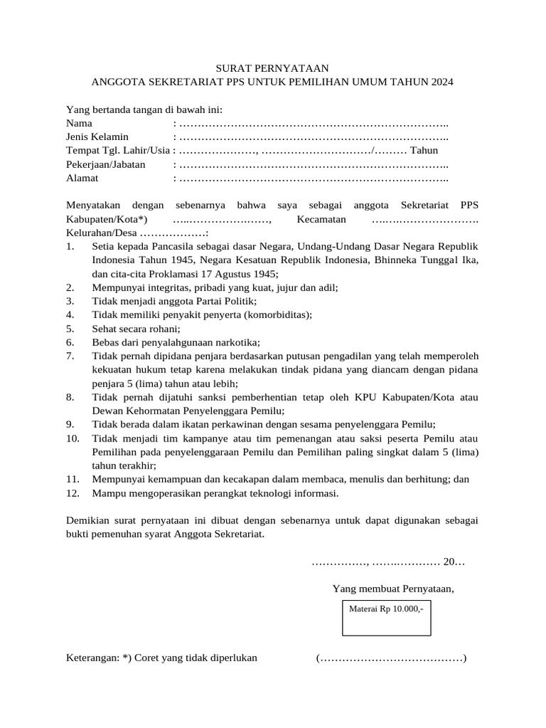 Surat Pernyataan Anggota PPS 2024 | PDF
