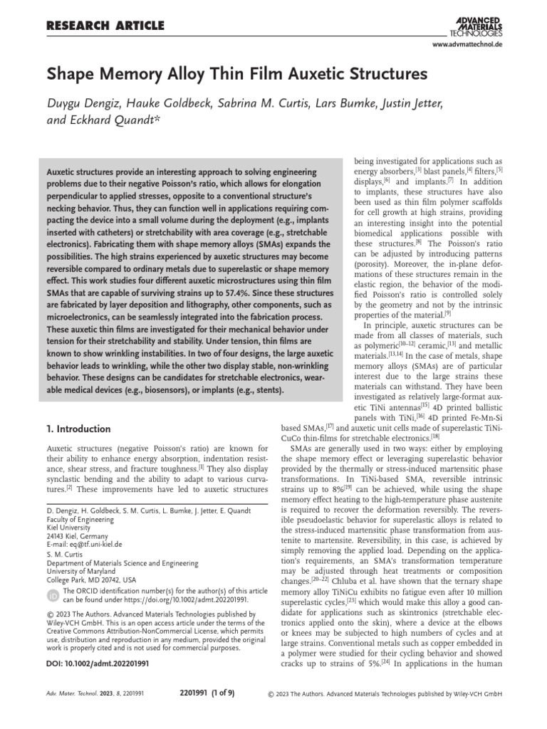 Shape Memory Alloy Thin Film Auxetic Structures | PDF | Shape Memory ...