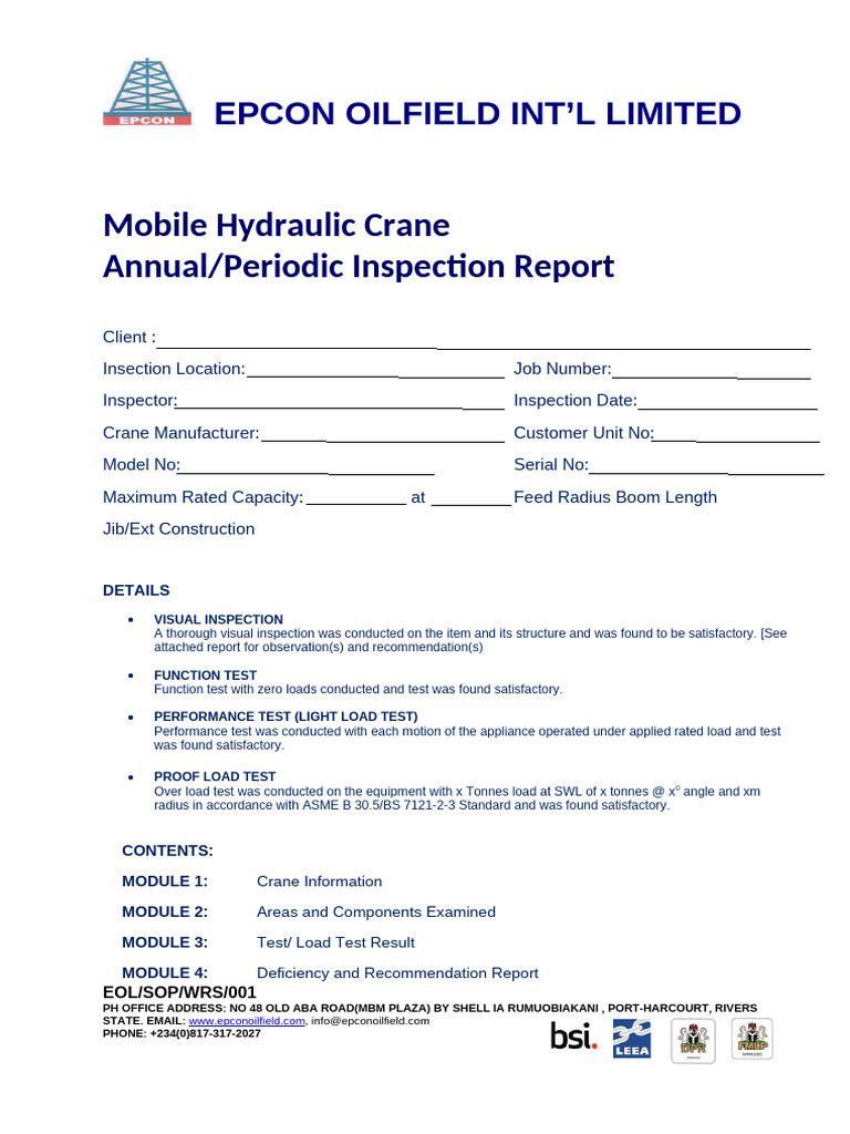 Mobile Hydraulic Crane Inspection Report | PDF | Crane (Machine ...