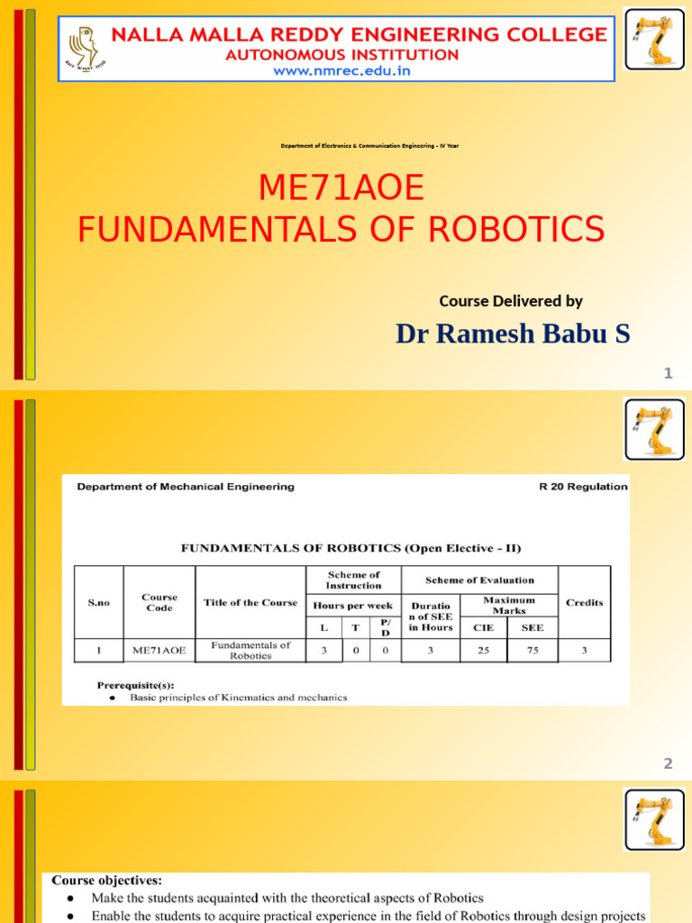 Fundamentals of Robotics - PPT1 | PDF | Robot | Robotics