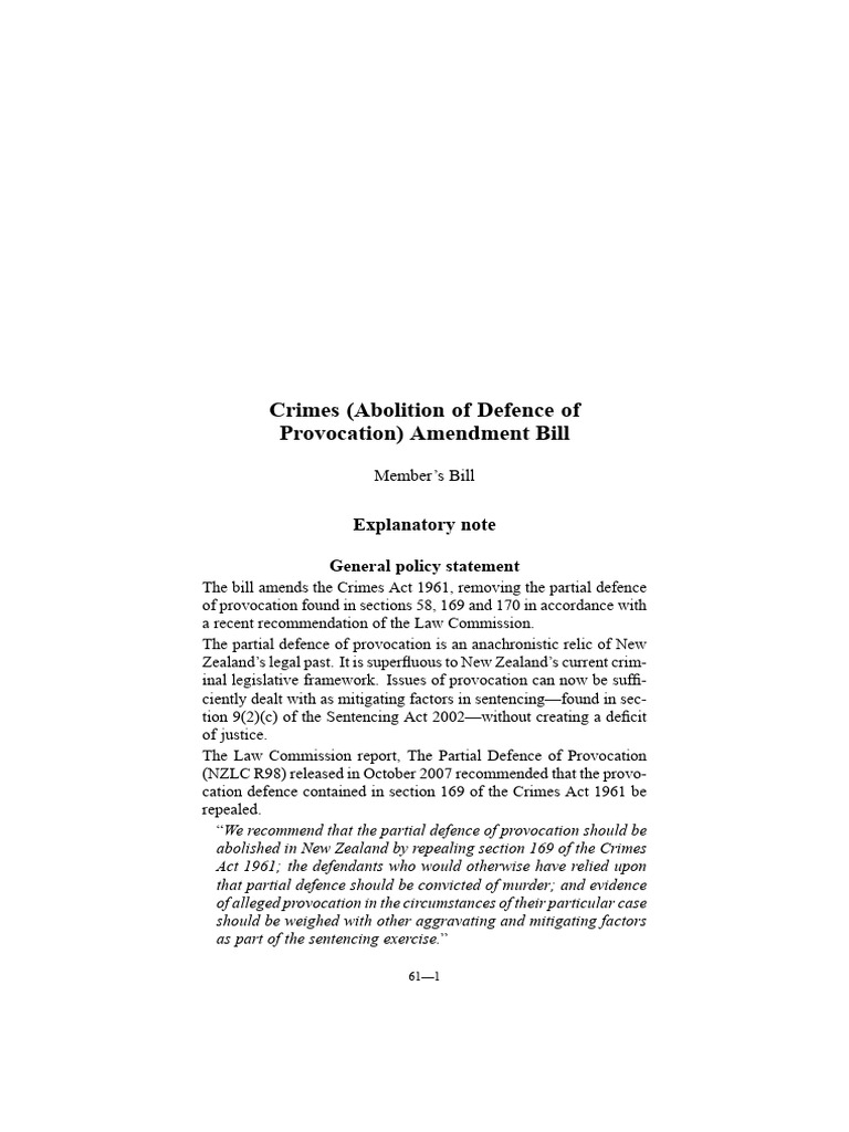 Crimes Abolition of Defence of Provocation Amendment Bill | PDF ...
