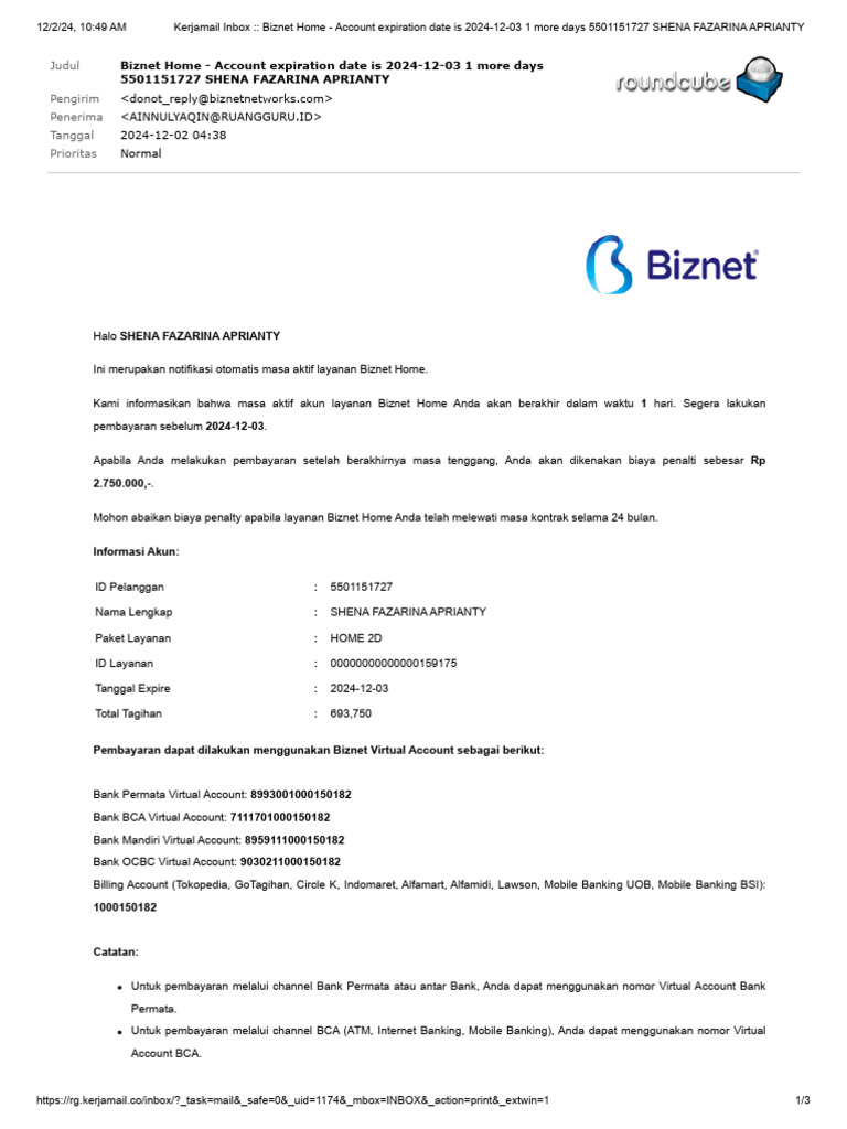 Kerjamail Inbox __ Biznet Home - Account expiration date is 2024-12-03 1 more days 5501151727 ...