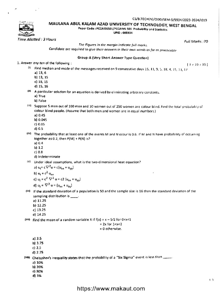 Btech PCC 5 Sem Probability and Statistics Pccaids501 2024 | PDF