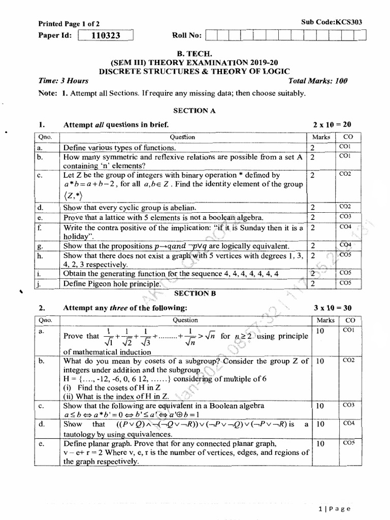 Discrete Structures Theory of Logic Kcs 303 2020 | PDF