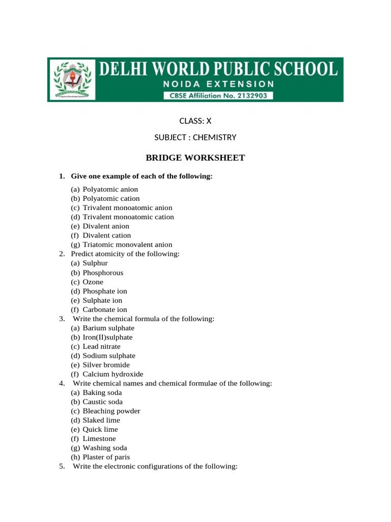 Bridge Worksheet Class X Chemistry | PDF