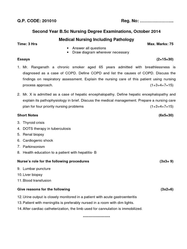 Q.P. CODE: 201010 Reg. No: ... Second Year B.SC Nursing Degree Examinations, October 2014 ...