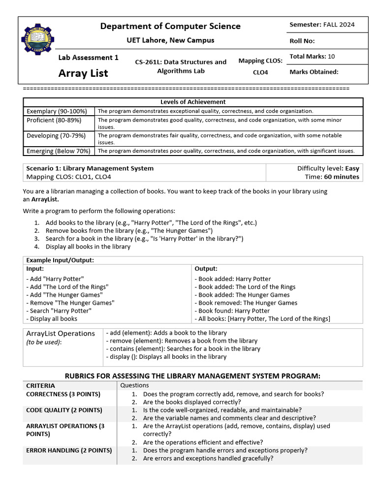 Lab Assessment 1 (ArrayList) | PDF | Algorithms | Computer Programming