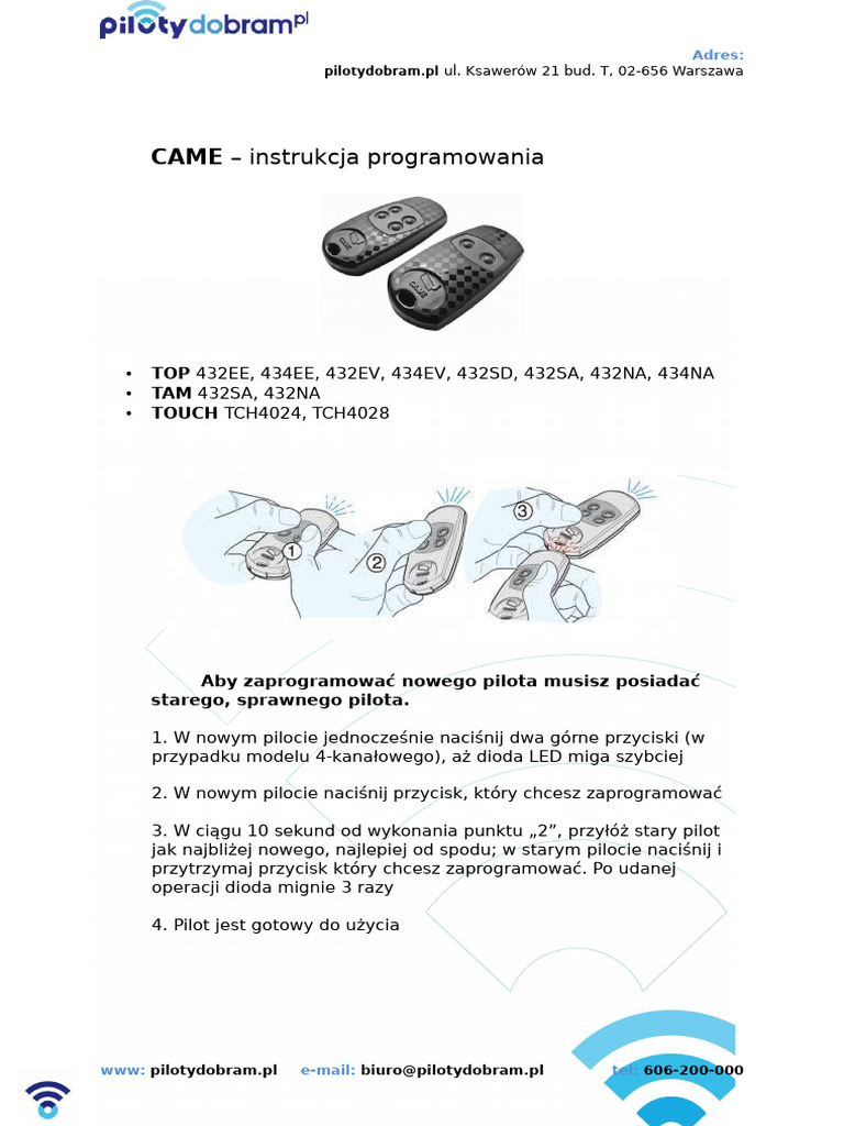Pilot Came Top Tam Touch Instrukcja Programowania WWW Pilotydobram PL | PDF