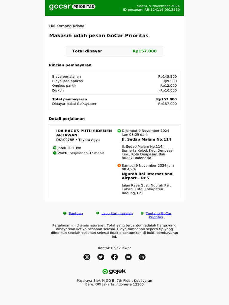 Rincian Perjalanan GoCar Prioritas Bali | PDF