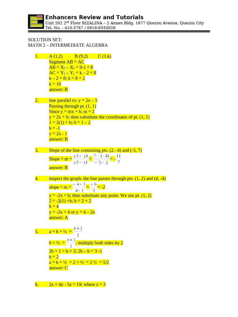 Intermediate Algebra Answer Key | PDF | Teaching Methods & Materials