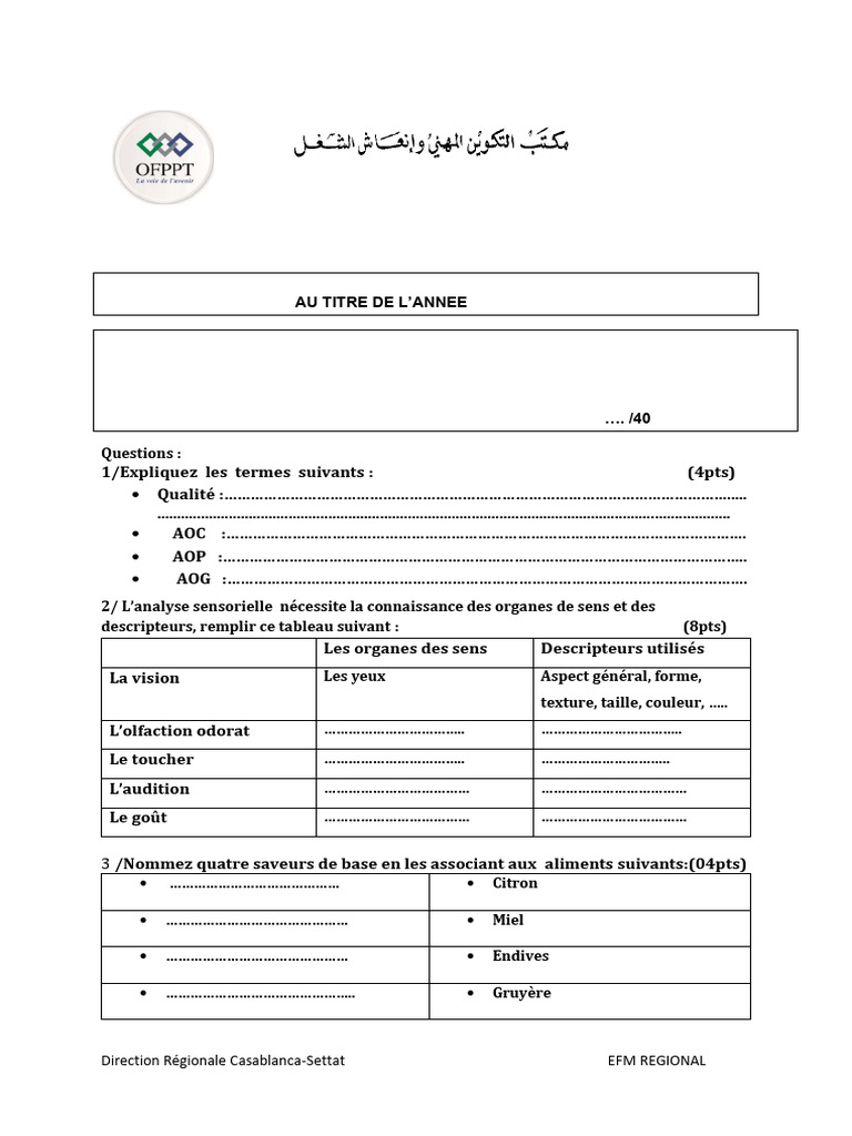 Proposition Efm Qualite Organoleptique Des Aliments (Courigee) | PDF