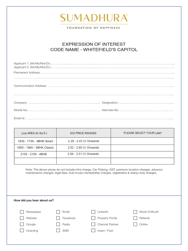 EOI Form Whitefield’s Capitol #ForTheAchievers | PDF | Cheque