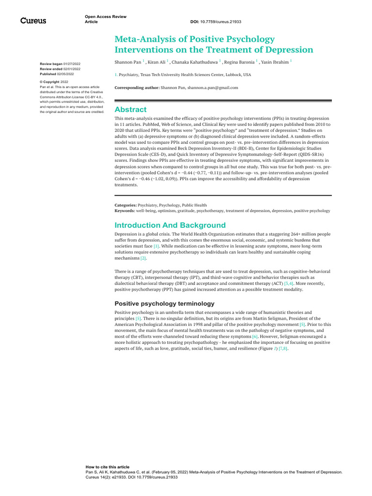 Meta-Analysis of Positive Psychology Interventions On The Treatment of ...